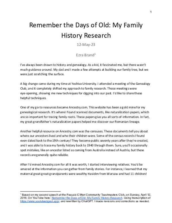 (PDF) Remember the Days of Old: My Family History Research