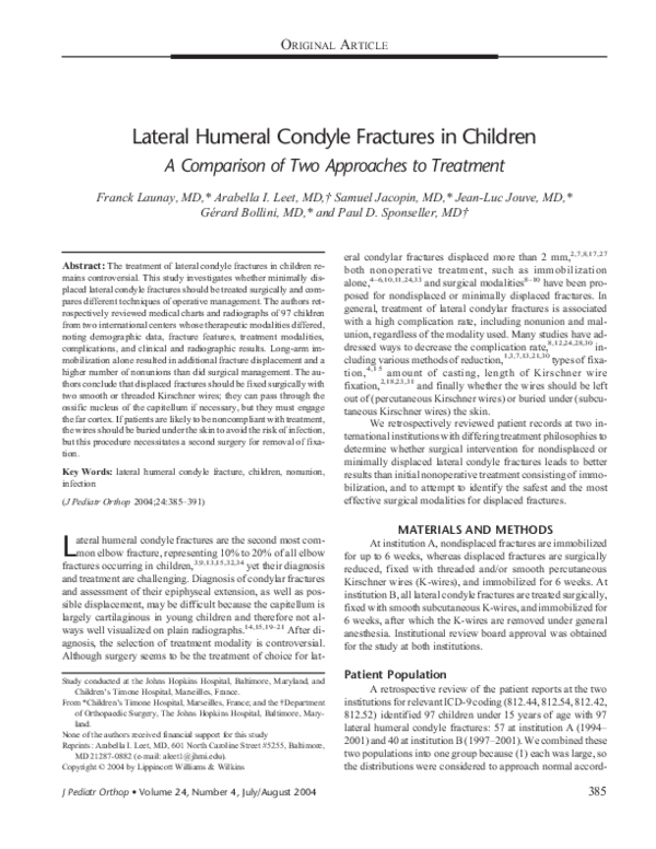 (PDF) Lateral Humeral Condyle Fractures in Children