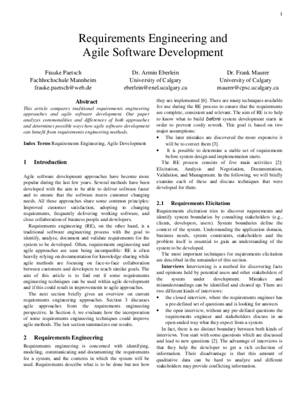 (PDF) Requirements engineering and agile software development