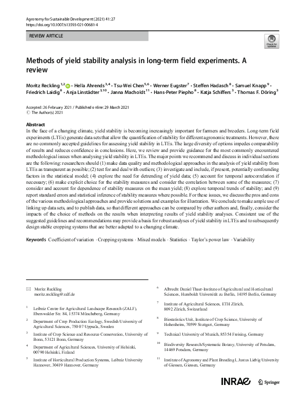 (PDF) Methods of yield stability analysis in long-term field experiments. A review