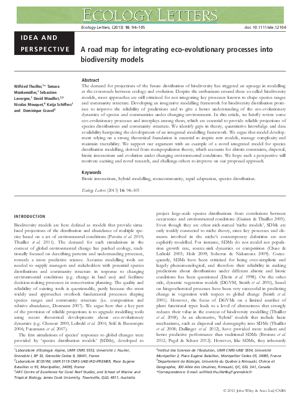 (PDF) A road map for integrating eco-evolutionary processes into biodiversity models