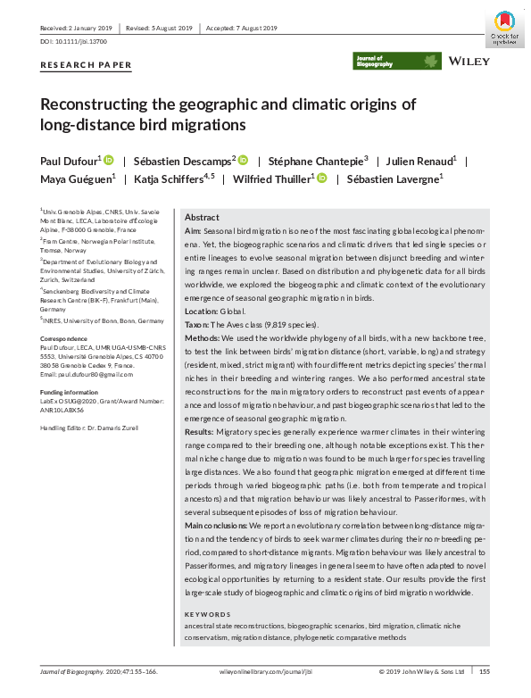 (PDF) Reconstructing the geographic and climatic origins of long‐distance bird migrations
