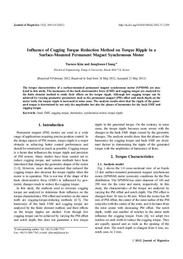 Pdf Influence Of Cogging Torque Reduction Method On Torque Ripple In A Surface Mounted