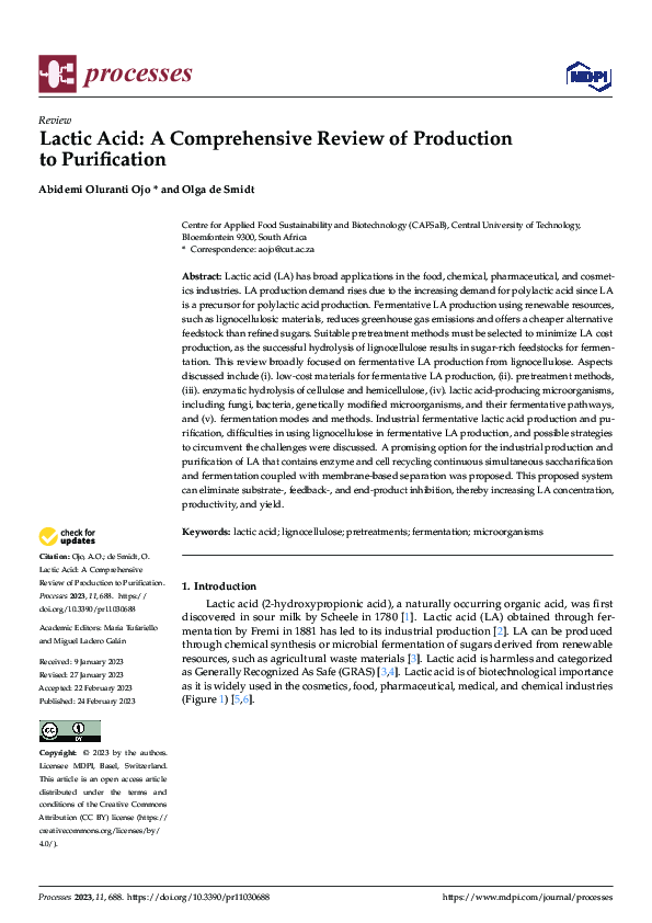 (PDF) Lactic Acid: A Comprehensive Review of Production to Purification