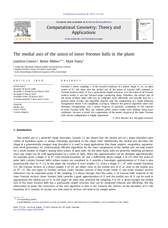 (PDF) The medial axis of the union of inner Voronoi balls in the plane