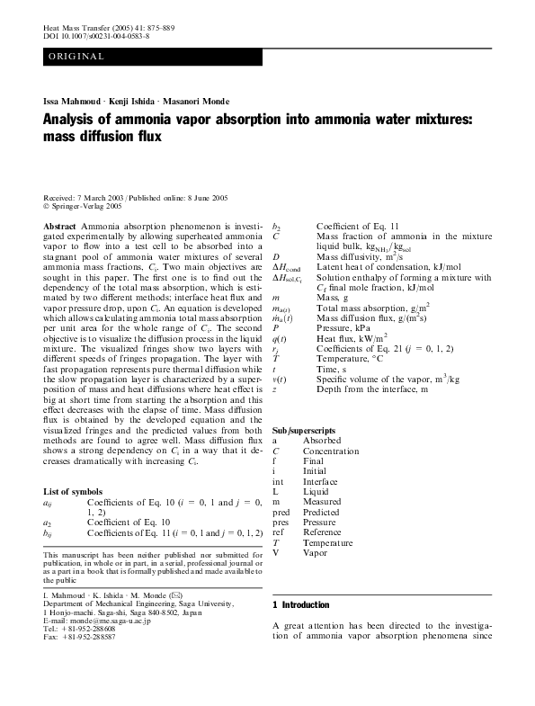 (PDF) Analysis of ammonia vapor absorption into ammonia water mixtures: mass diffusion flux