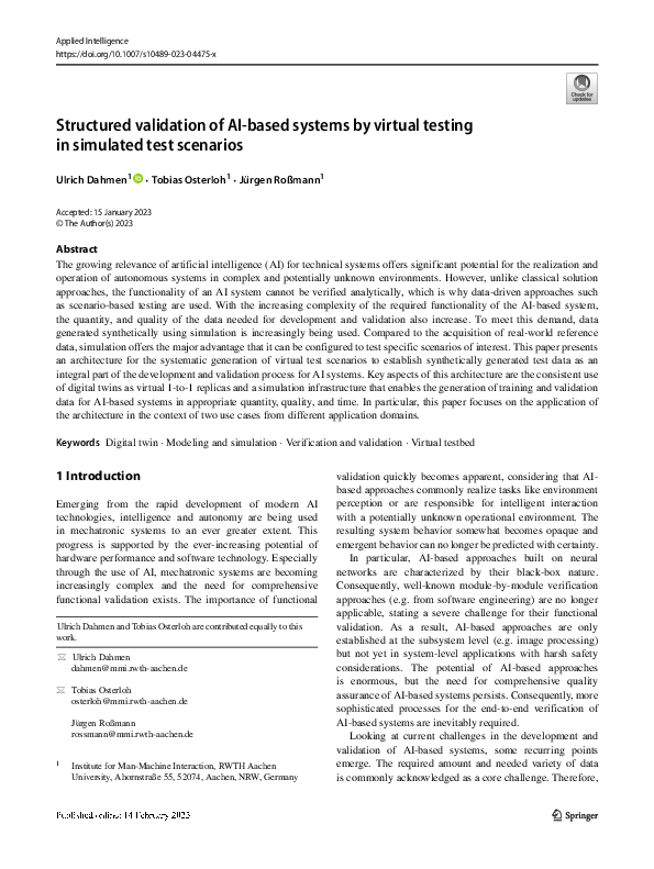 Pdf Structured Validation Of Ai Based Systems By Virtual Testing In Simulated Test Scenarios