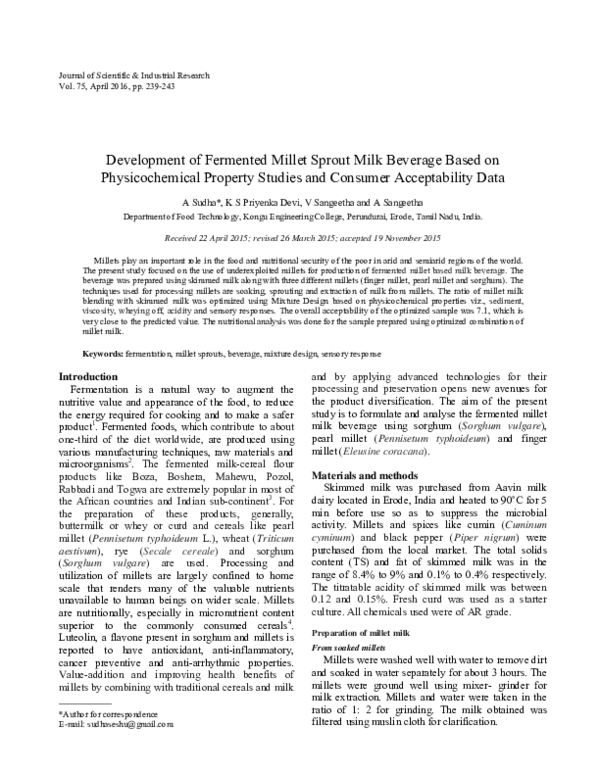 (PDF) Development of Fermented Millet Sprout Milk Beverage Based on ...