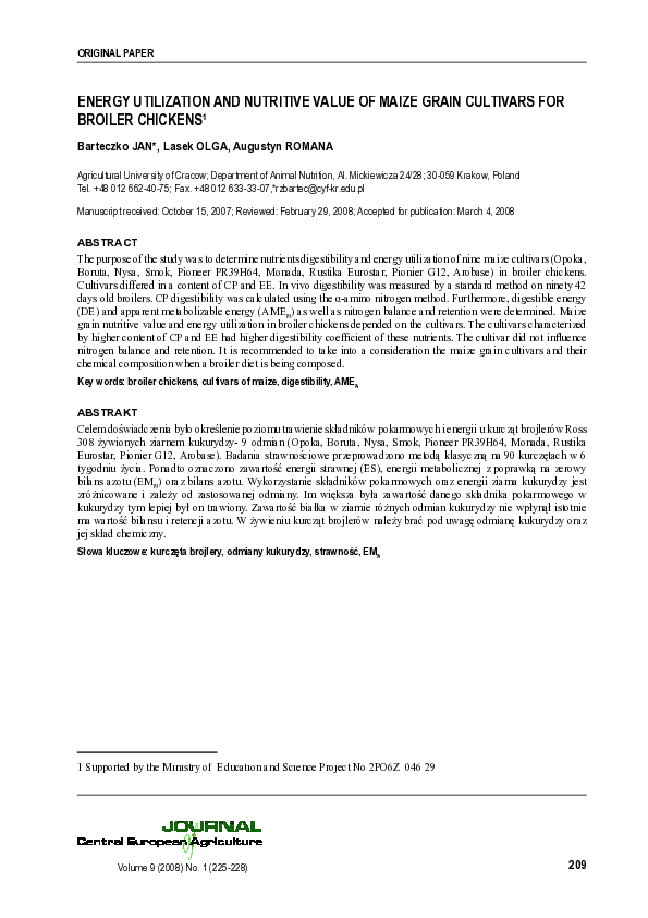 (PDF) Energy Utilization and Nutritive Value of Maize Grain Cultivars for Broiler CHICKENS1