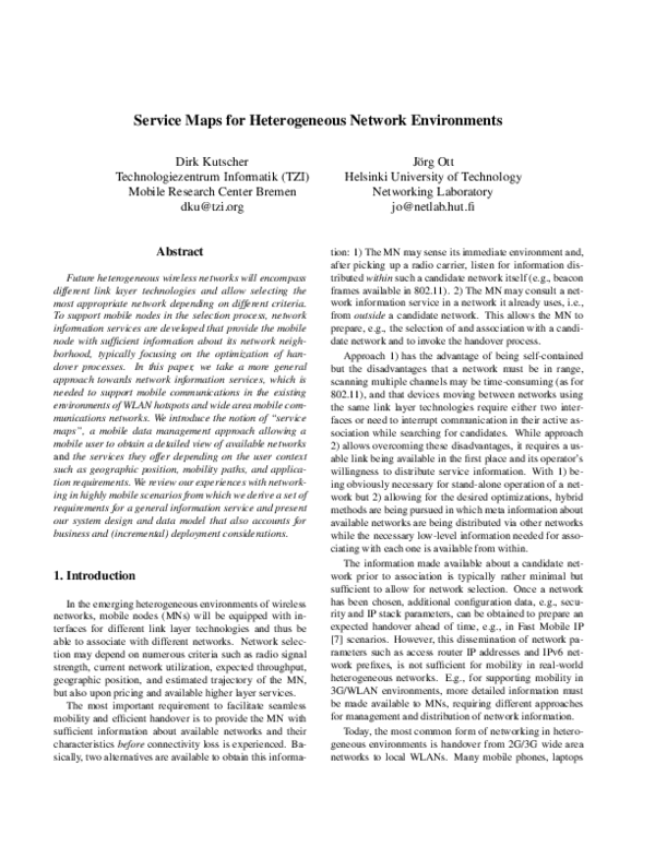 Pdf Service Maps For Heterogeneous Network Environments Dirk Kutscher