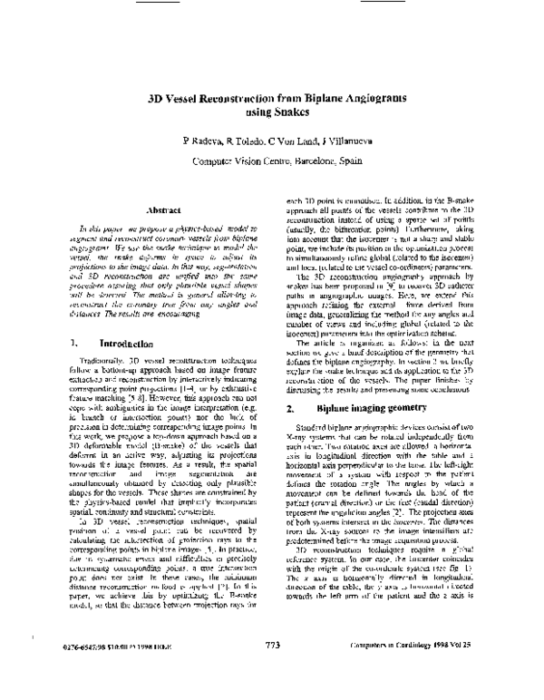 (PDF) 3D vessel reconstruction from biplane angiograms using snakes