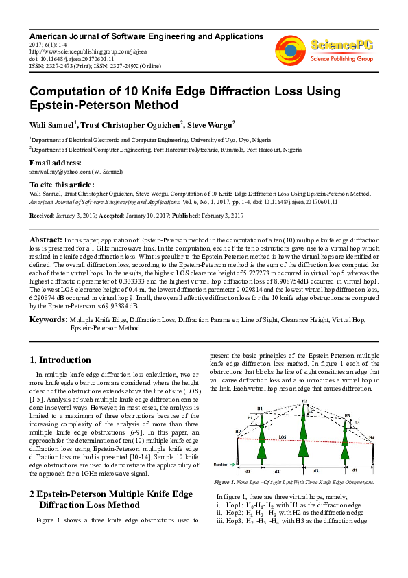 (PDF) Computation of 10 Knife Edge Diffraction Loss Using Epstein-Peterson Method | wali samuel ...