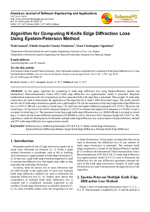 (PDF) Algorithm for Computing N Knife Edge Diffraction Loss Using Epstein-Peterson Method
