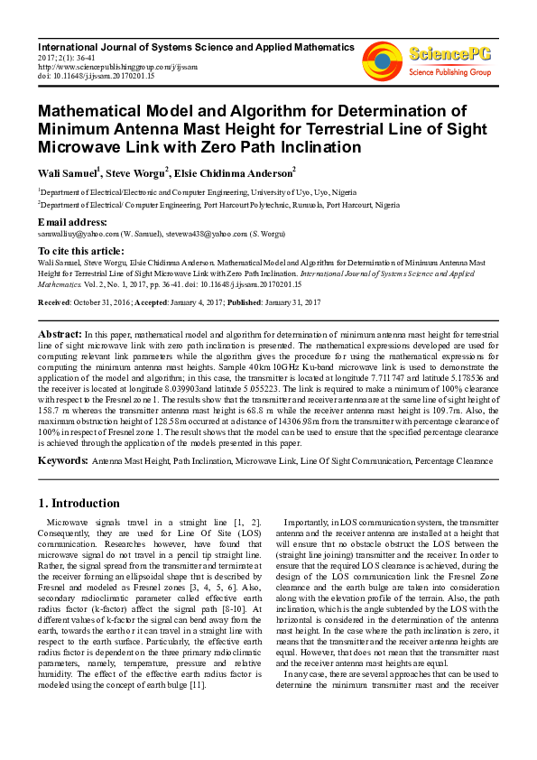 (PDF) Mathematical Model and Algorithm for Determination of Minimum Antenna Mast Height for ...