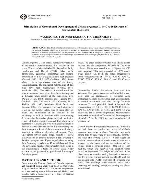 (PDF) Stimulation of Growth and Development of Celosia argentea L. by Crude Extracts of Senna ...