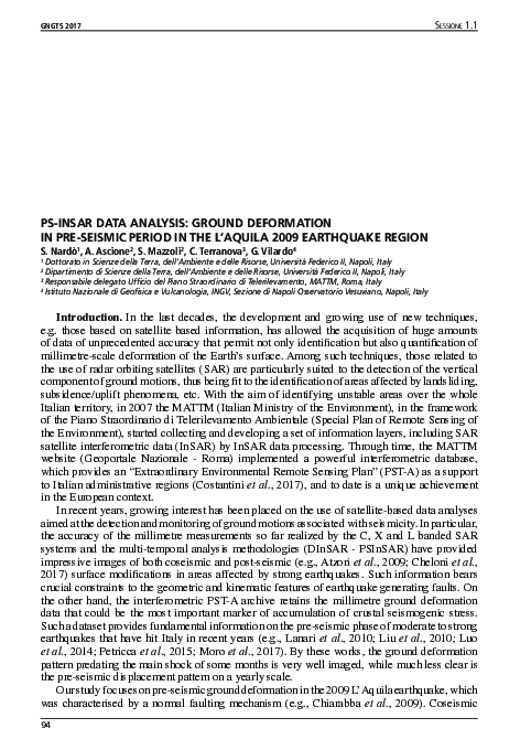 (PDF) PS-Insar Data Analysis: Ground Deformation in Pre-Seismic Period in the L'Aquila 2009 ...