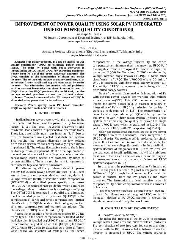(PDF) Improvement Of Power Quality Using Solar Pv Integrated Unified Power Quality Conditioner