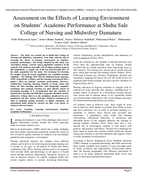 (PDF) Assessment on the Effects of Learning Environment on Students ...