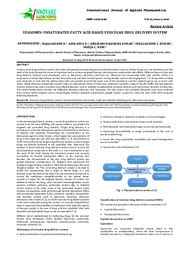 (PDF) UFASOMES: UNSATURATED FATTY ACID BASED VESICULAR DRUG DELIVERY SYSTEM Review Article