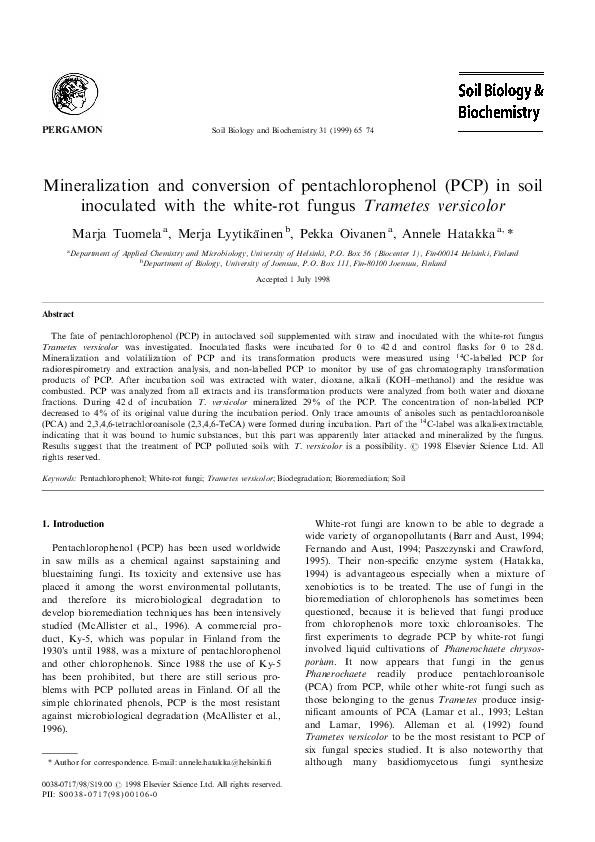 (PDF) Mineralization and conversion of pentachlorophenol (PCP) in soil inoculated with the white ...