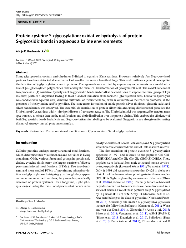 (PDF) Protein cysteine S-glycosylation: oxidative hydrolysis of protein ...