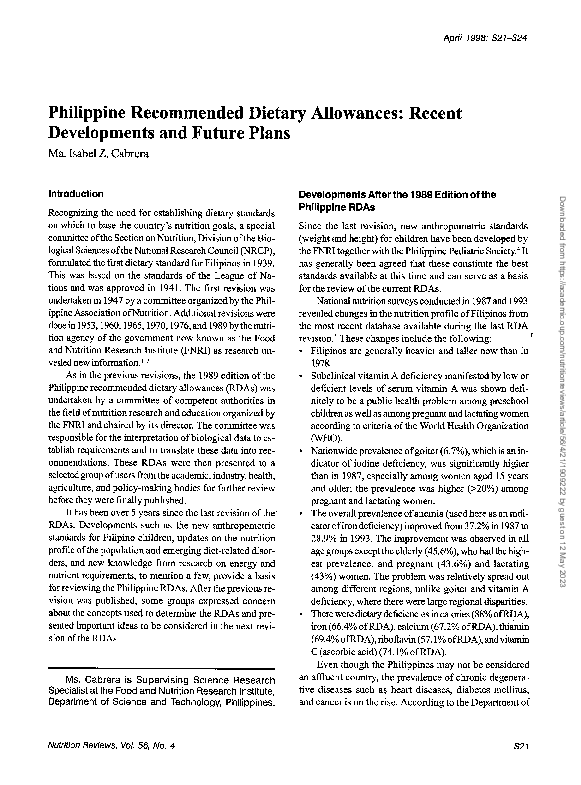 Pdf Philippine Recommended Dietary Allowances Recent Developments 1661