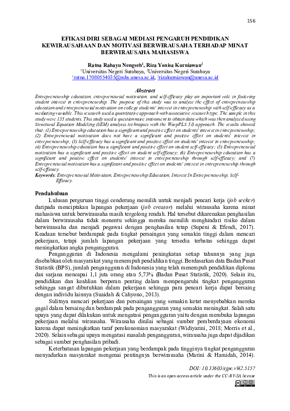 (PDF) Efikasi Diri Sebagai Mediasi Pengaruh Pendidikan Kewirausahaan Dan Motivasi Berwirausaha ...