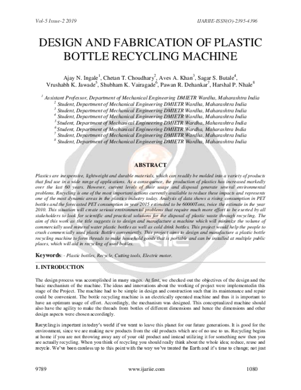 (PDF) Design and Fabrication Of Plastic Bottle Recycling Machine
