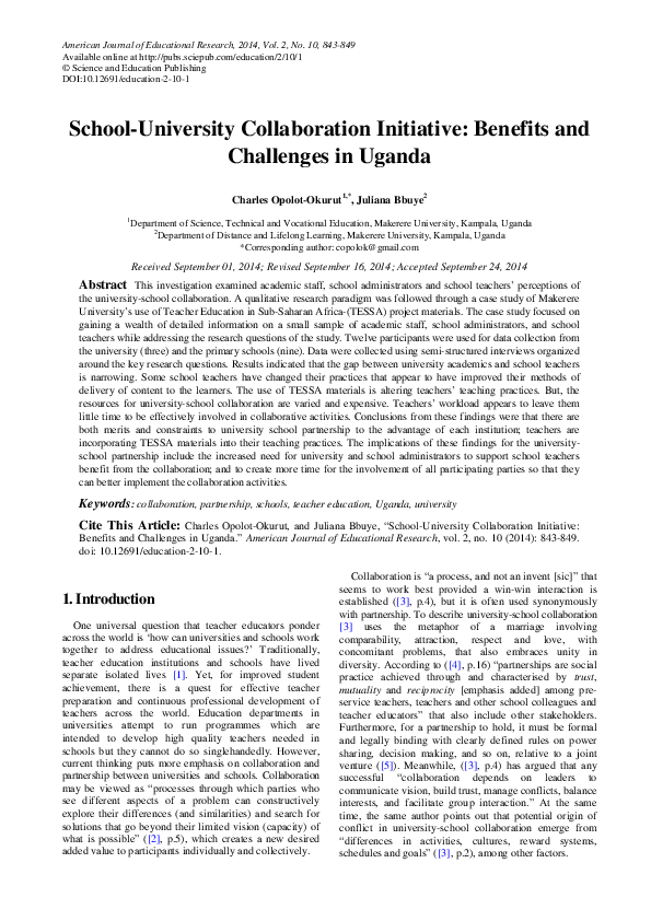 (PDF) School-University Collaboration Initiative: Benefits and ...