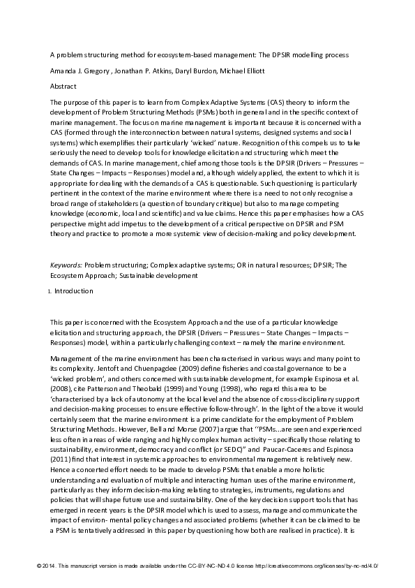 (PDF) A problem structuring method for ecosystem-based management: The DPSIR modelling process