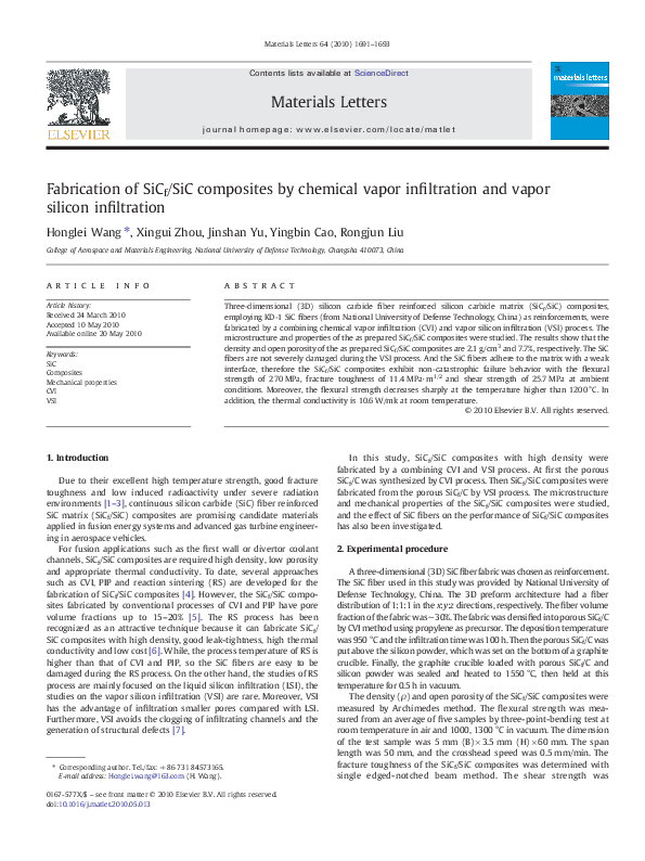 (PDF) Fabrication of SiCf/SiC composites by chemical vapor infiltration ...