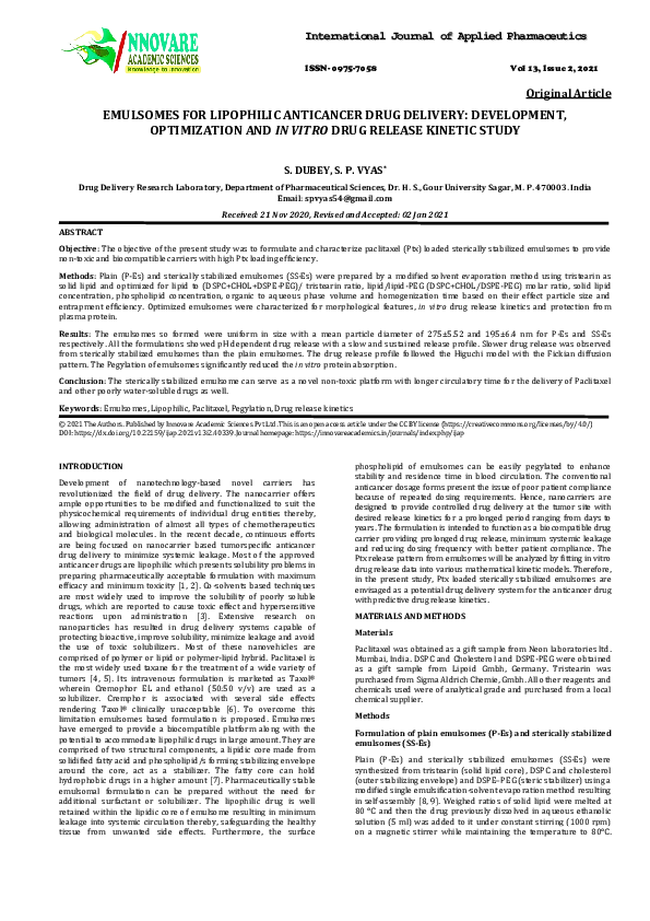 (PDF) EMULSOMES FOR LIPOPHILIC ANTICANCER DRUG DELIVERY: DEVELOPMENT ...