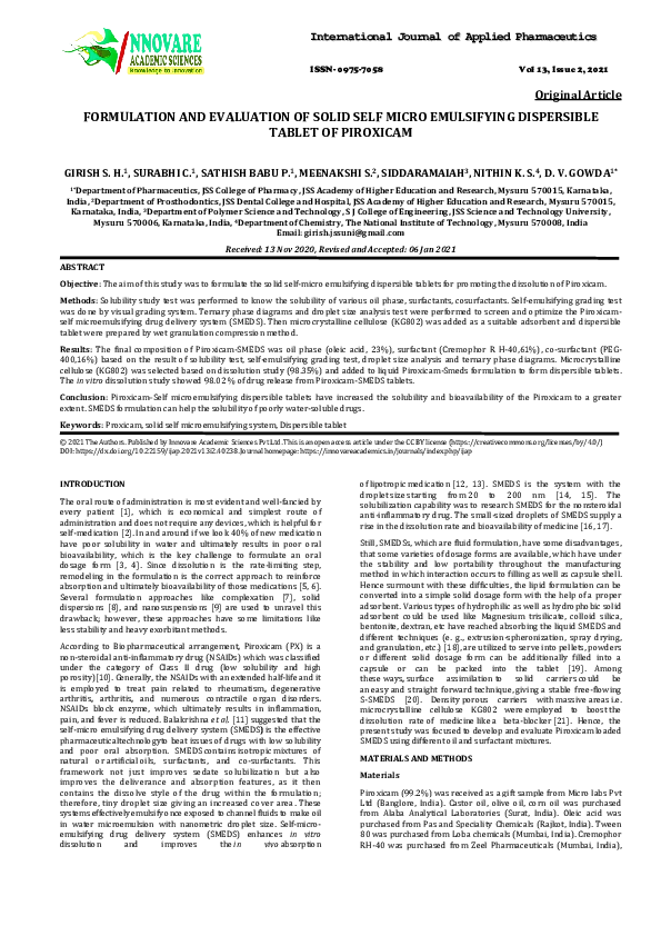 (PDF) FORMULATION AND EVALUATION OF SOLID SELF MICRO EMULSIFYING ...
