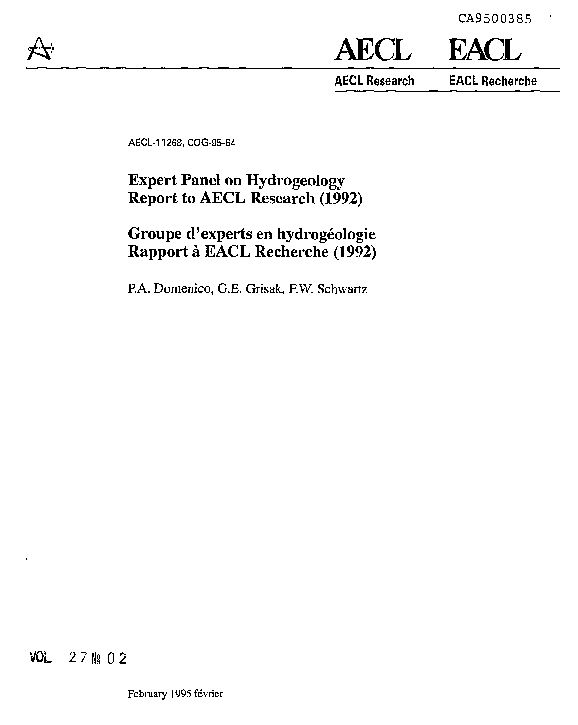 (PDF) Expert panel on hydrogeology; report to AECL Research (1992)