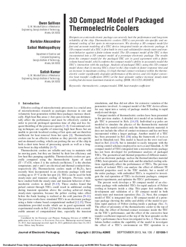 (PDF) 3D Compact Model of Packaged Thermoelectric Coolers