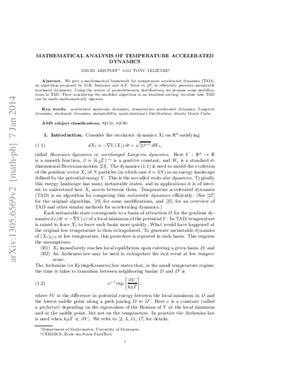 (PDF) Mathematical Analysis of Temperature Accelerated Dynamics | Tony Lelièvre - Academia.edu