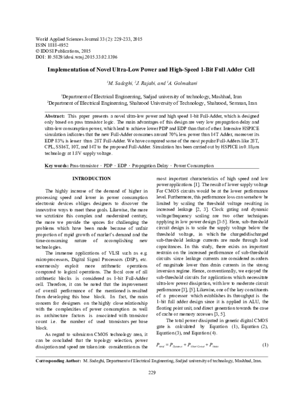 (PDF) Low-Power High-Speed Double Gate 1-bit Full Adder Cell