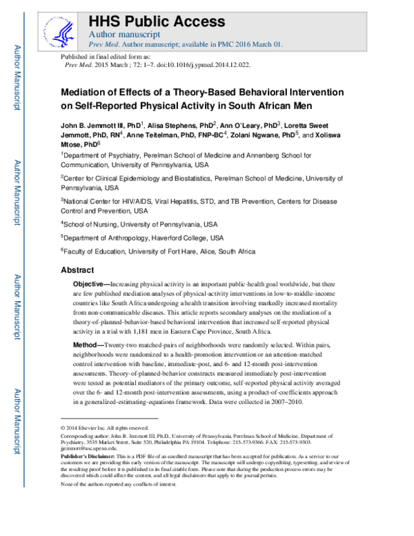 (PDF) Mediation of effects of a theory-based behavioral intervention on self-reported physical ...