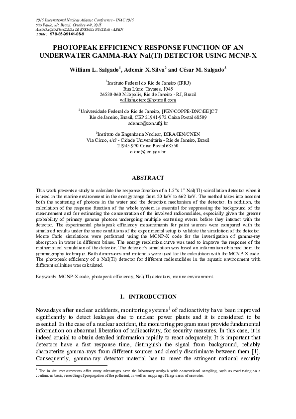 Pdf Photopeak Efficiency Response Function Of An Underwater Gamma Ray Nai Ti Detector Using