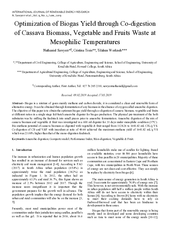 (PDF) Optimization of Biogas Yield through co-digestion of Cassava ...