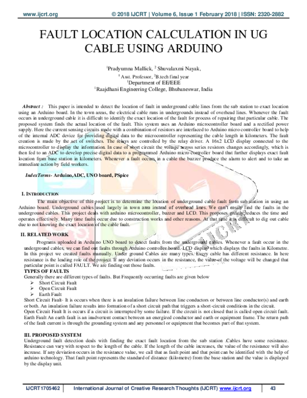(PDF) Fault Location Calculation in Ug Cable Using Arduino | pradyumna ...
