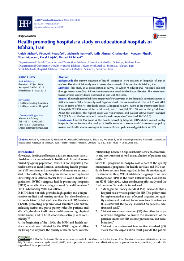 (PDF) Health promoting hospitals: a study on educational hospitals of ...