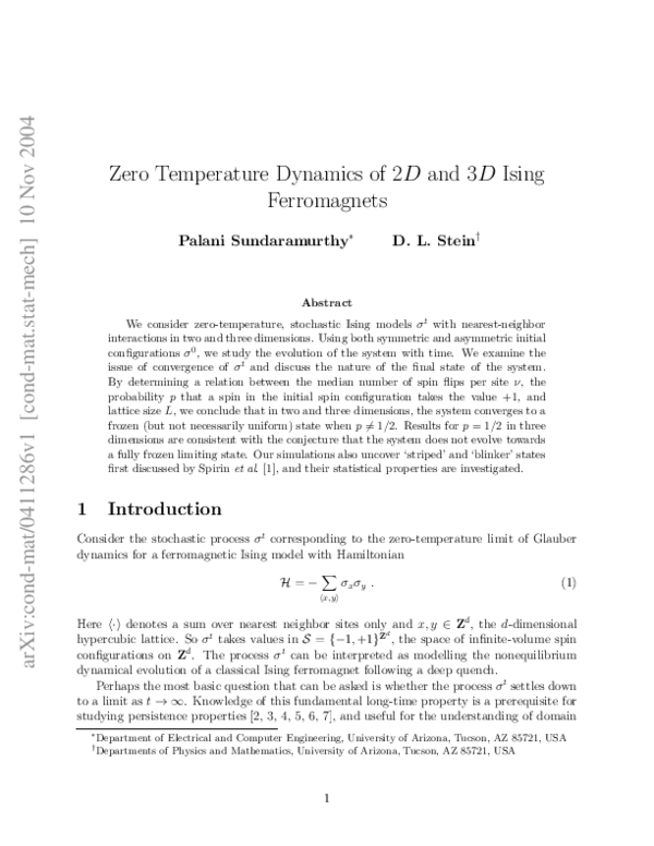 (PDF) Zero-temperature dynamics of 2D and 3D Ising ferromagnets | Daniel L Stein - Academia.edu