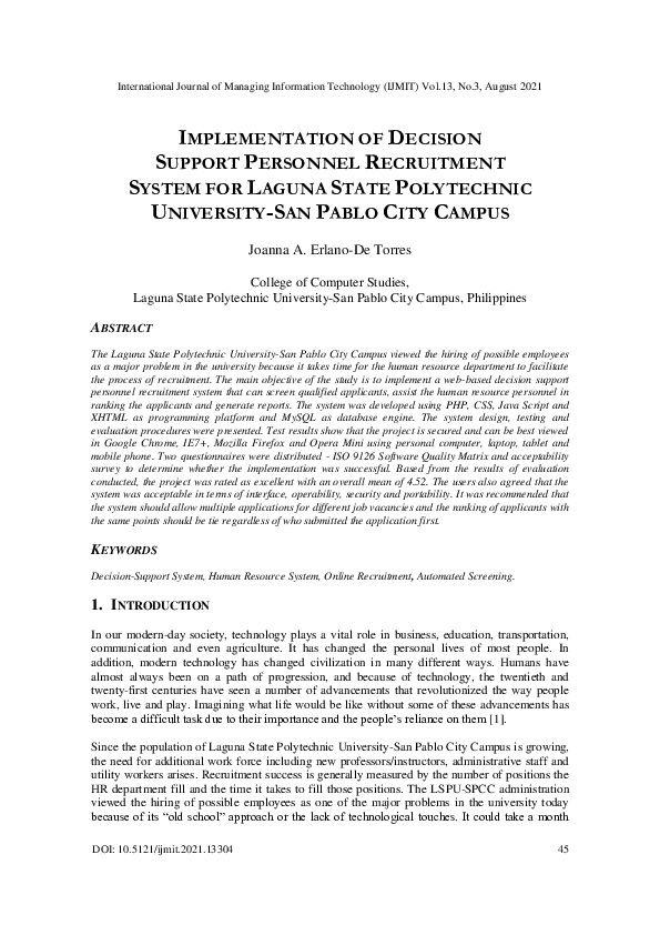 (PDF) Implementation of Decision Support Personnel Recruitment System for Laguna State ...