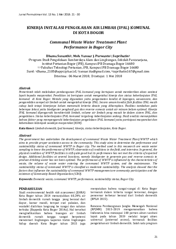 (PDF) Kinerja Instalasi Pengolahan Air Limbah Komunal di Kota Bogor