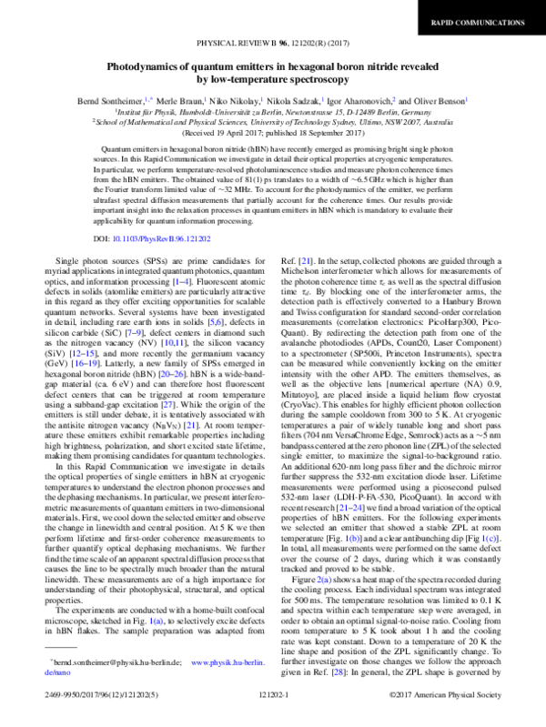 (PDF) Photodynamics of quantum emitters in hexagonal boron nitride revealed by low-temperature ...