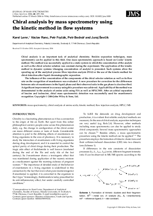 (PDF) Chiral analysis by mass spectrometry using the kinetic method in ...