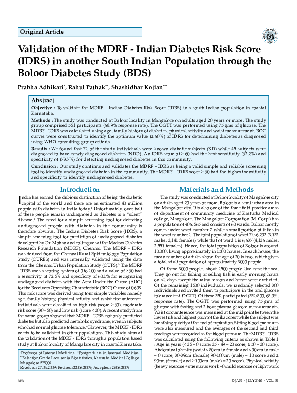 (PDF) Validation of the MDRF-Indian Diabetes Risk Score (IDRS) in ...