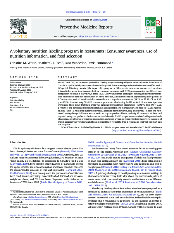 (PDF) A voluntary nutrition labeling program in restaurants: Consumer ...