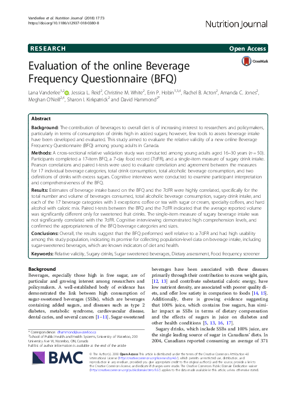 (PDF) Evaluation of the online Beverage Frequency Questionnaire (BFQ)